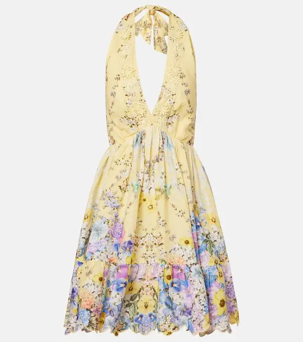 Camilla Embellished Floral Halterneck Linen Minidress - Yellow