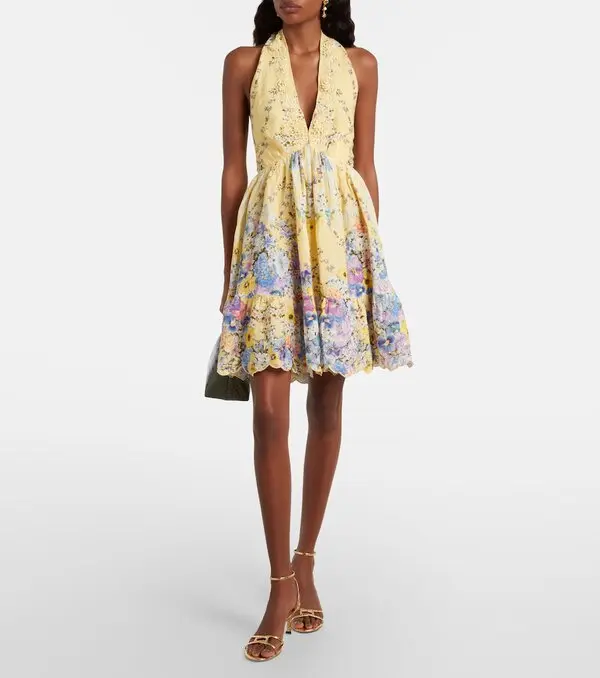 Camilla Embellished Floral Halterneck Linen Minidress - Yellow