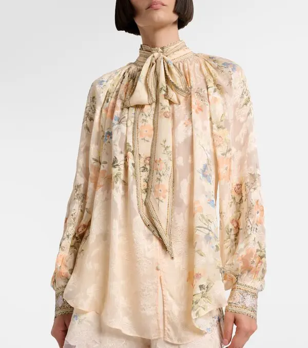 Camilla Embellished Floral Tie-neck Blouse