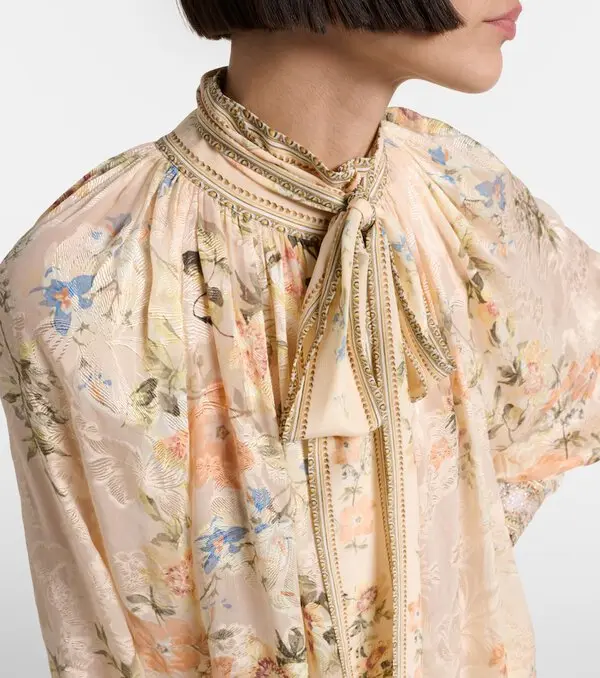 Camilla Embellished Floral Tie-neck Blouse - Pink