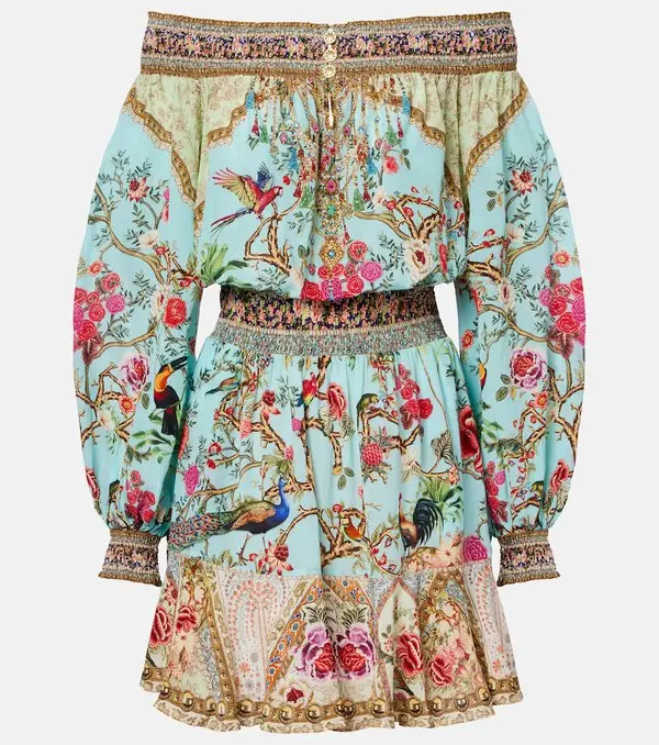 Camilla Embellished Off-shoulder Silk Crêpe Mini Dress - Blue