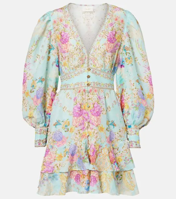 Camilla Embellished Floral Linen And Silk Blend Mini Dress - Blue