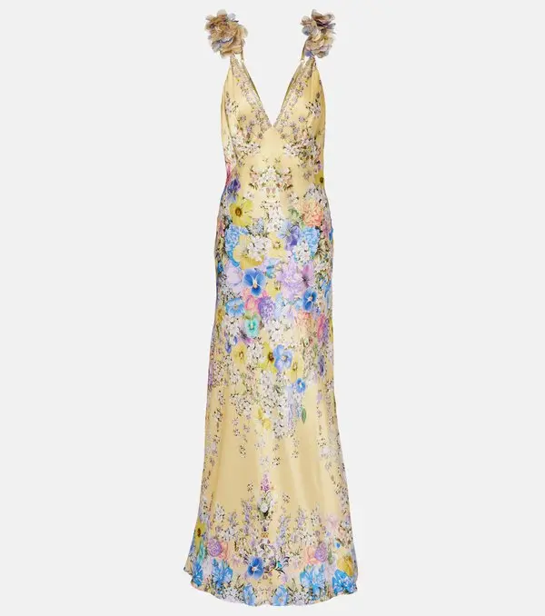 Camilla Embellished Floral Silk Satin Maxi Dress - Yellow