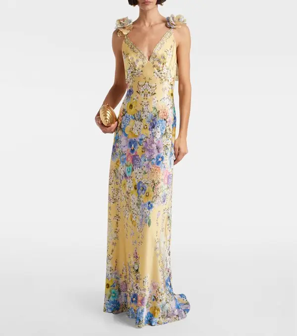 Camilla Embellished Floral Silk Satin Maxi Dress - Yellow