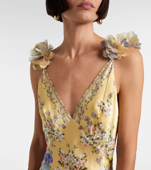 Camilla Embellished Floral Silk Satin Maxi Dress - Yellow