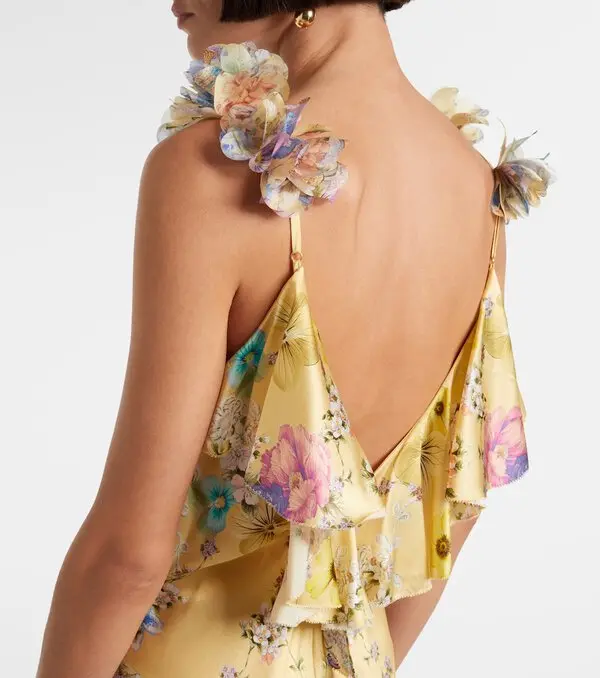 Camilla Embellished Floral Silk Satin Maxi Dress - Yellow