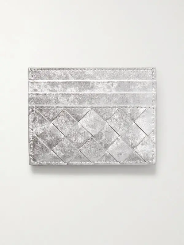 Bottega Veneta Intrecciato Distressed Metallic Leather Cardholder - Silver