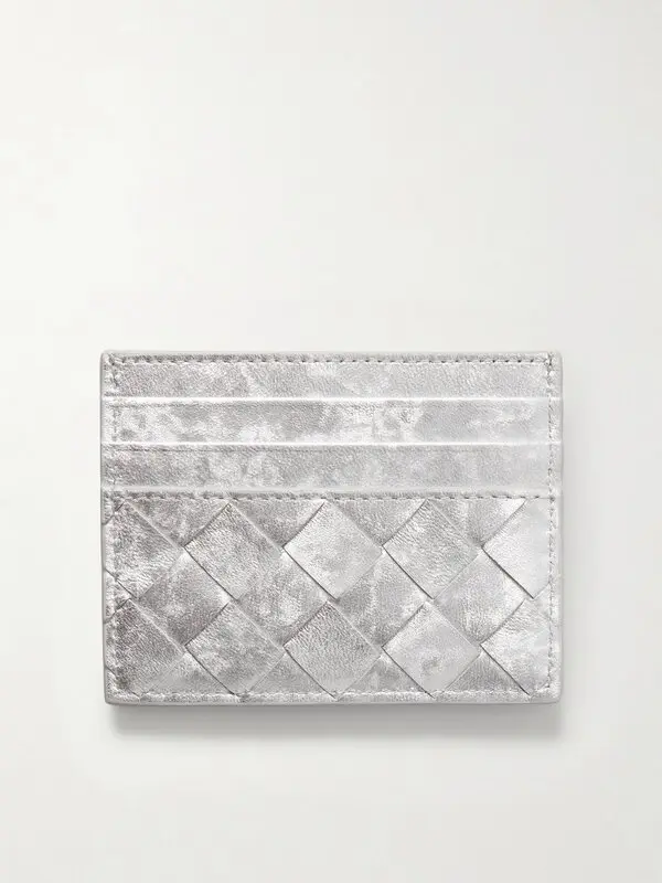 Bottega Veneta Intrecciato Distressed Metallic Leather Cardholder - Silver