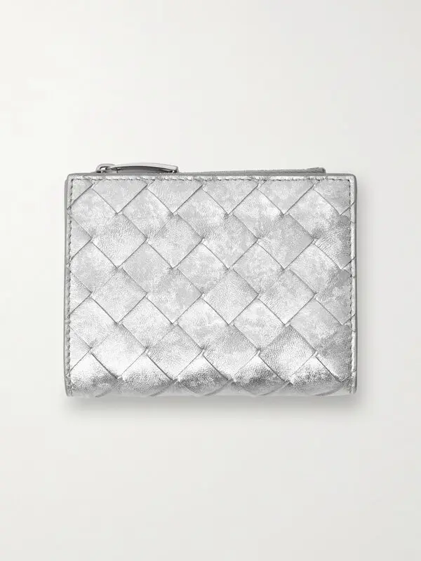 Bottega Veneta Metallic Intrecciato Leather Wallet - Silver