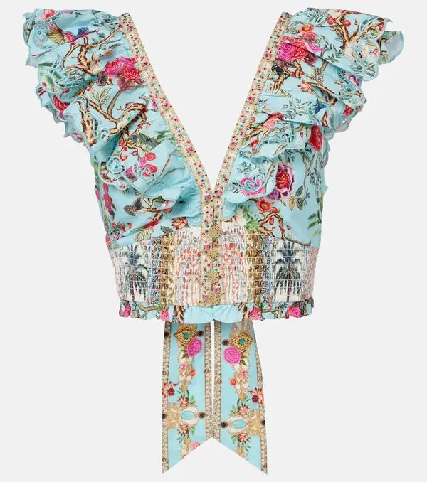 Camilla Embellished Floral Cotton Poplin Crop Top - Blue