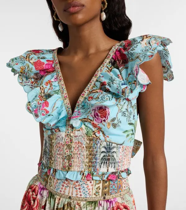 Camilla Embellished Floral Cotton Poplin Crop Top - Blue