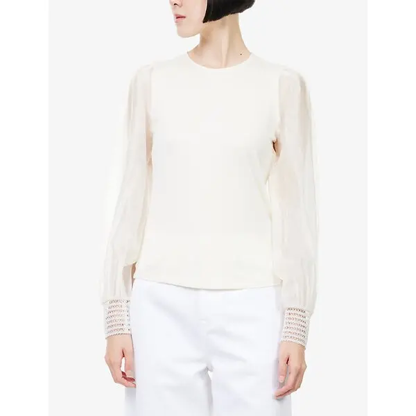 ME+EM Feature-cuff Round-neck Stretch-woven Blouse
