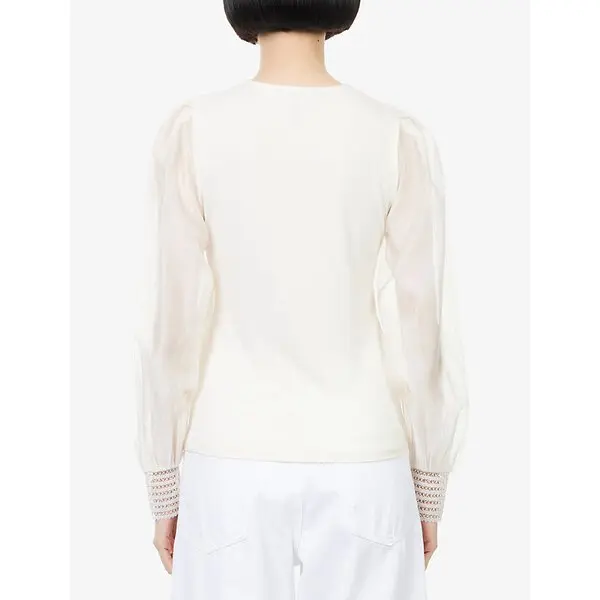 ME+EM Feature-cuff Round-neck Stretch-woven Blouse