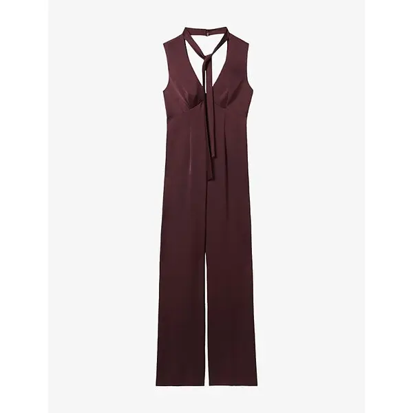 Claudie Pierlot Sleeveless Tie-neck Satin Jumpsuit - Aubergine
