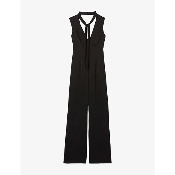 Claudie Pierlot Sleeveless Tie-neck Satin Jumpsuit - Black