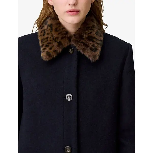 Claudie Pierlot Long Leopard-collar Wool-blend Coat