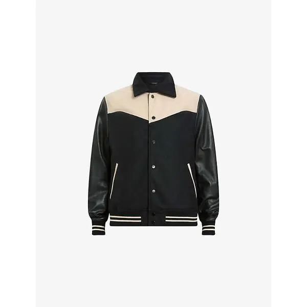 ALLSAINTS Endleton Contrast-panel Leather And Woven Bomber Jacket - Black/ecru Whi