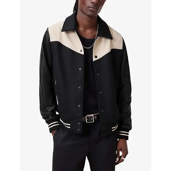 ALLSAINTS Endleton Contrast-panel Leather And Woven Bomber Jacket - Black/ecru Whi