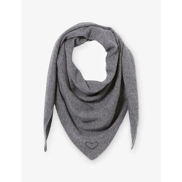 Claudie Pierlot Heart-embroidered Wool And Cashmere Scarf - Mottled Grey