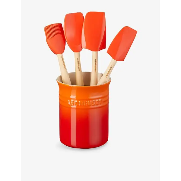 LE CREUSET Craft Stoneware Utensil Jar And Set Of Four Silicone Spatulas - Cerise