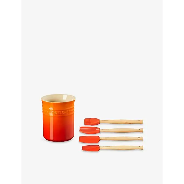 LE CREUSET Craft Stoneware Utensil Jar And Set Of Four Silicone Spatulas - Cerise