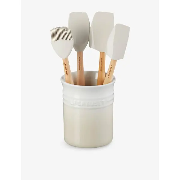 LE CREUSET Craft Stoneware Utensil Jar And Set Of Four Silicone Spatulas - Meringue