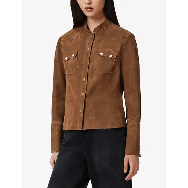 ALLSAINTS Suede Grandad-collar Shirt - Sugar Brown