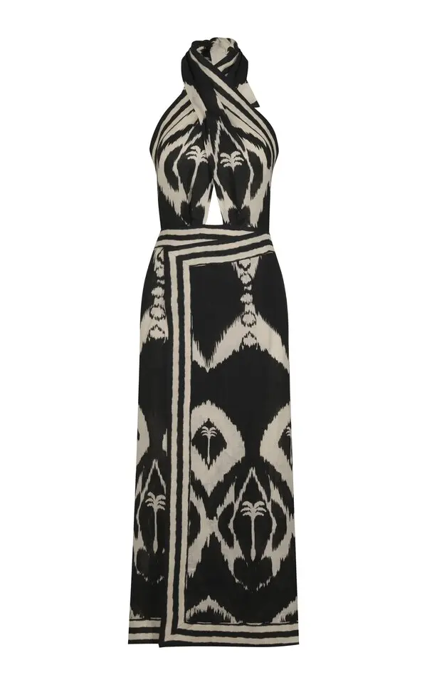 Johanna Ortiz Buen Viento Printed Linen Halterneck Midi Dress - Black