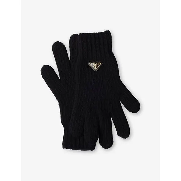 Prada Wool Gloves With Brand Plaque - Black