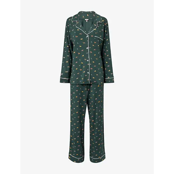Eberjey Gisele Printed Stretch-woven Pyjama Set - Holiday Dogs Pine/ivory