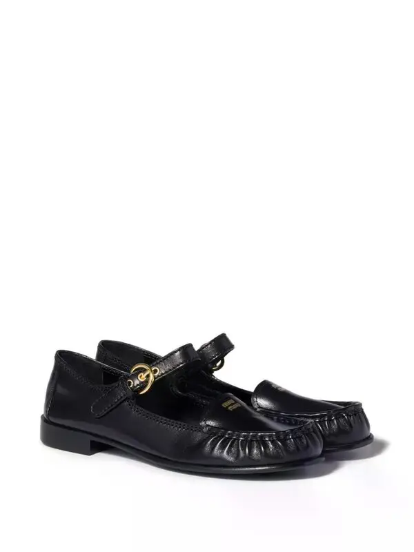 Miu Miu Buckled Leather Flat Mary Jane Pumps - Black