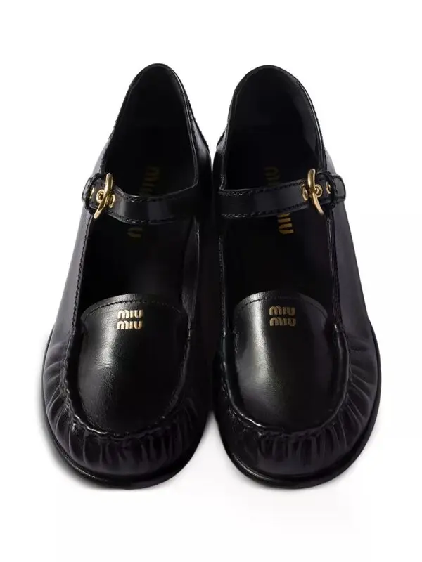 Miu Miu Buckled Leather Flat Mary Jane Pumps - Black