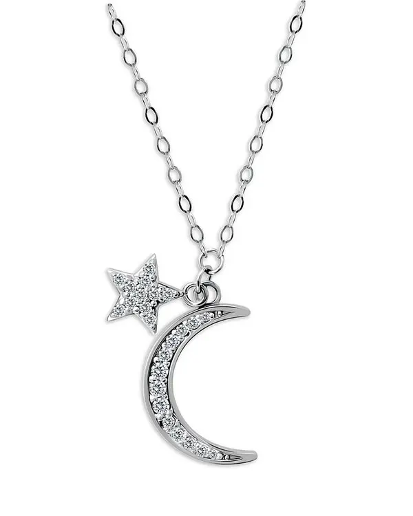 Aqua Pave Cubic Zirconia Moon And Star Charm Necklace - Silver