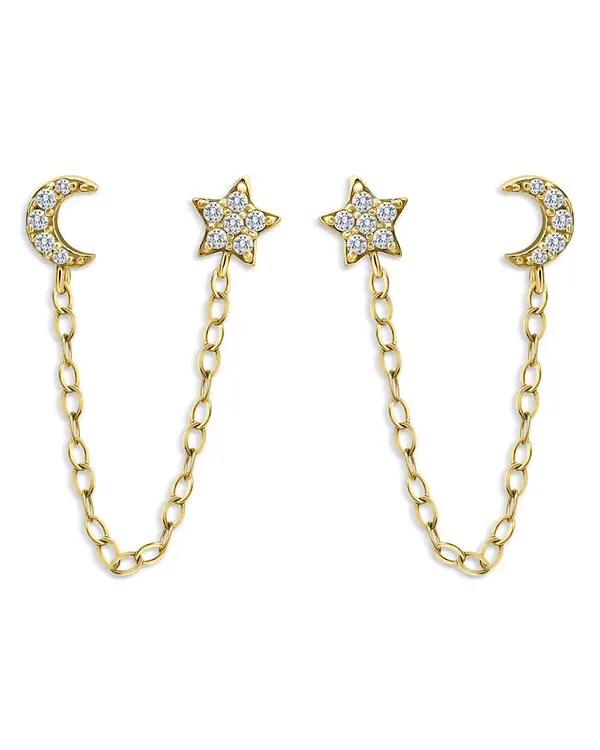 Aqua Pave Cubic Zirconia Star & Moon Front-back Earrings - Gold