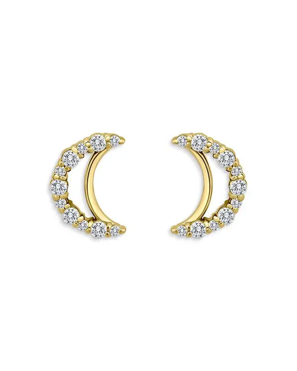 Aqua Pave Cubic Zirconia Crescent Moon Stud Earrings - Gold