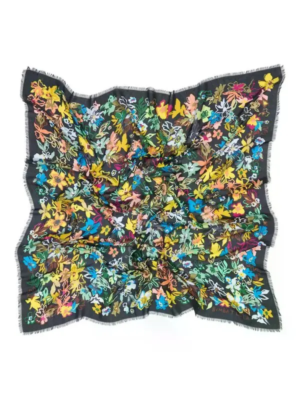 Bimba Y Lola Flower-print Fringed Scarf - Black
