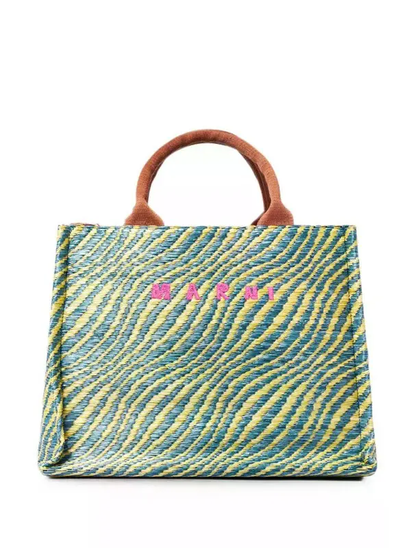 Marni Wave-patterned Raffia Effect Tote Bag - Green