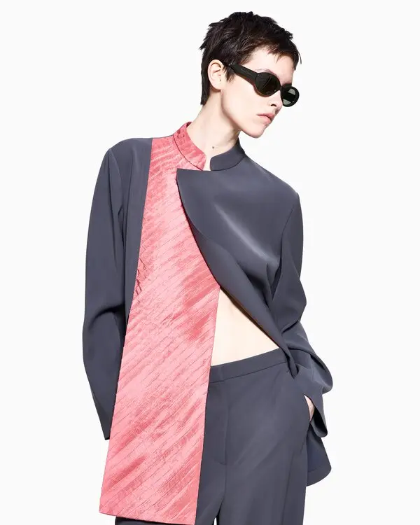 Giorgio Armani Long Jacket In Technical Cady And Pleated Silk - Grey