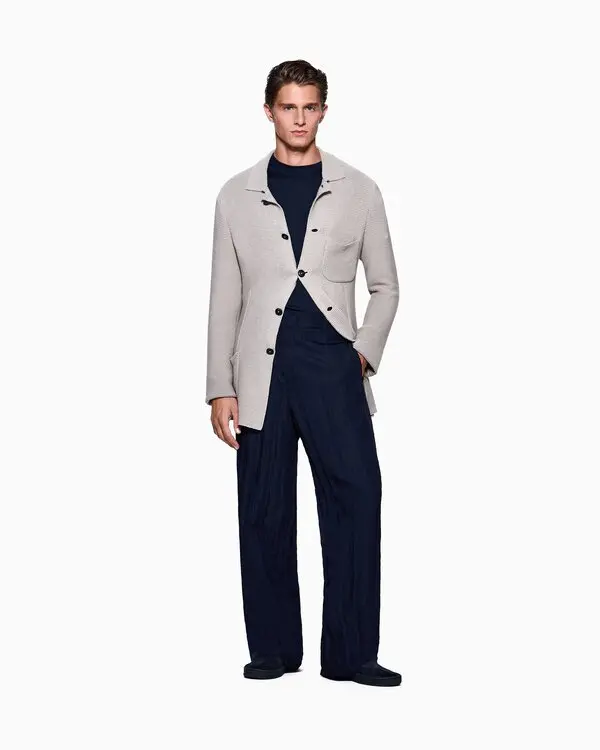 Giorgio Armani Single-breasted Links-stitch Cotton Knit Jacket - Beige