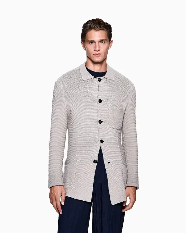 Giorgio Armani Single-breasted Links-stitch Cotton Knit Jacket - Beige