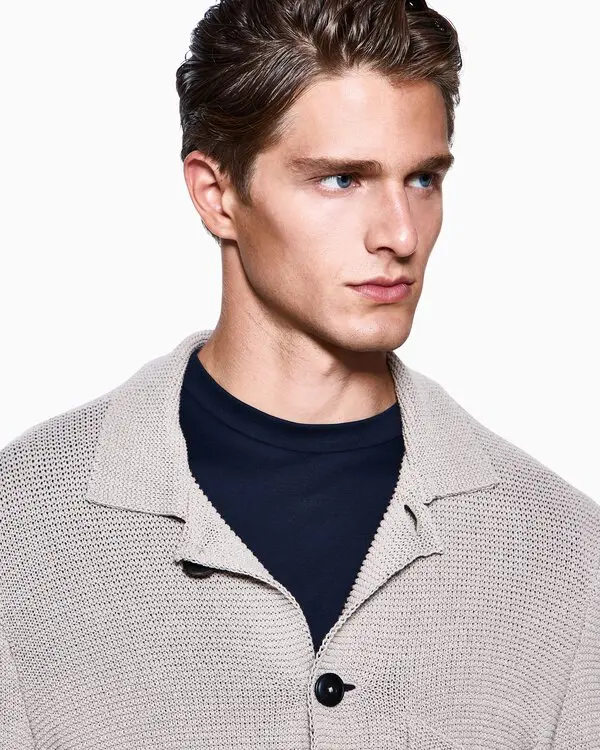 Giorgio Armani Single-breasted Links-stitch Cotton Knit Jacket - Beige