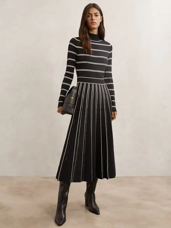 REISS Striped Pleated Knitted Midi Dress