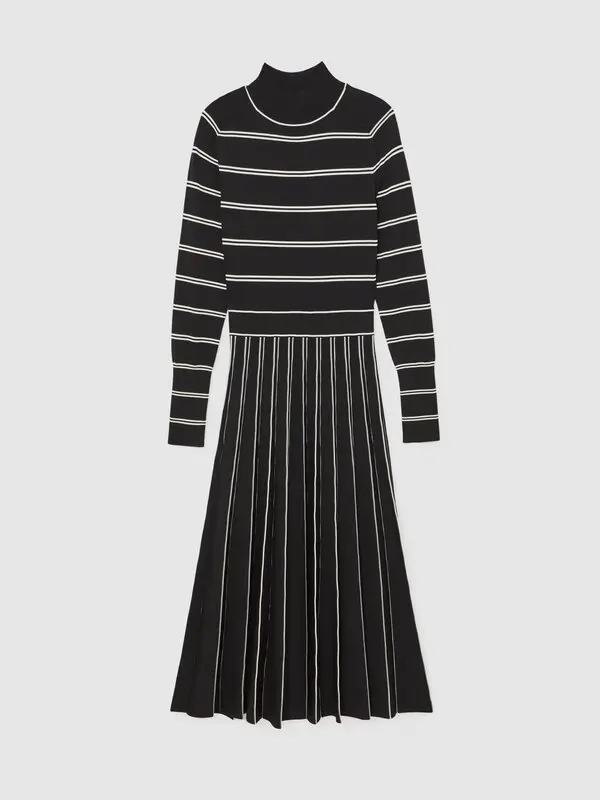 REISS Striped Pleated Knitted Midi Dress