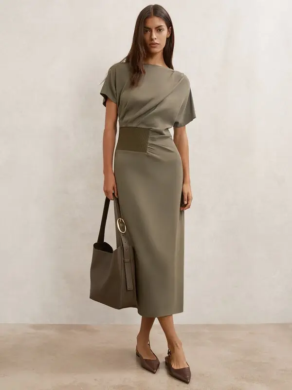REISS Etta Ribbed-panel Draped Midi Dress
