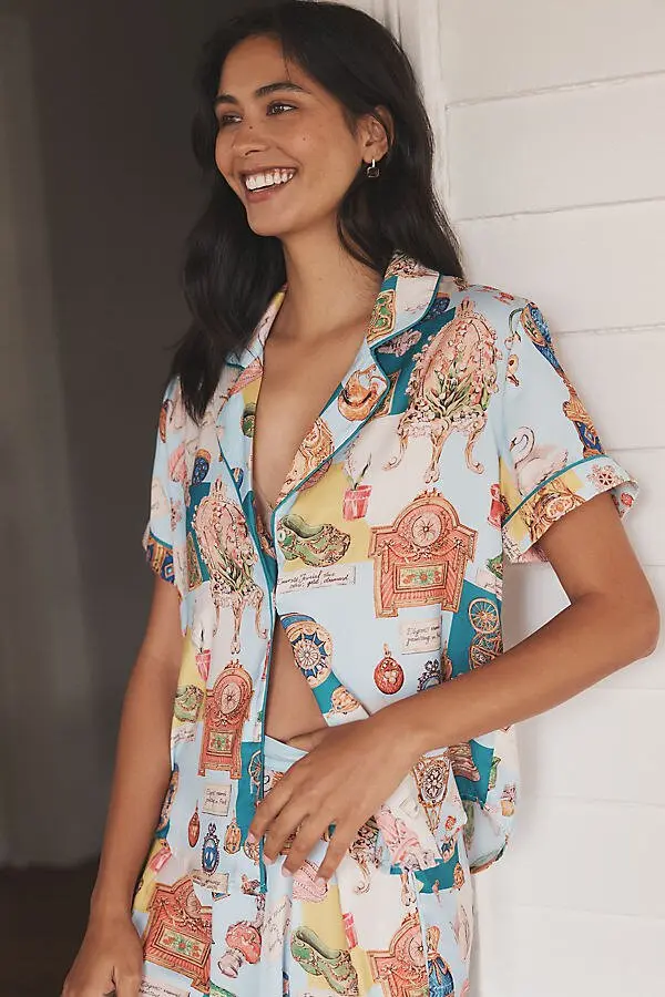 LYREBIRD Short-sleeve Silky Prted Pajama Top - Blue Pattern