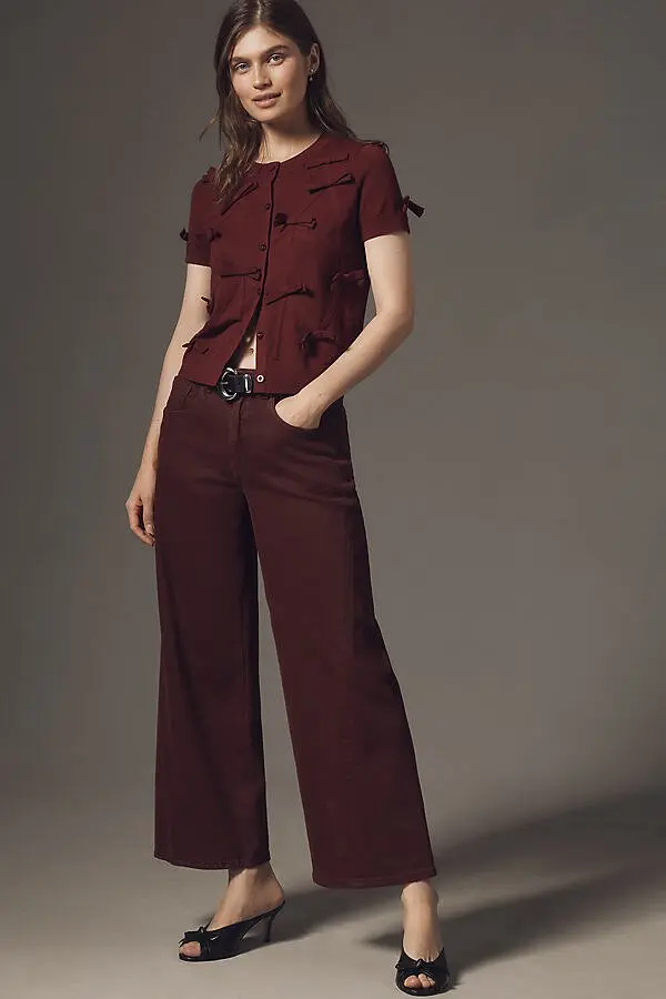 Maeve Short-sleeve Bow Appliqué Cardigan Sweater - Burnt Cherry