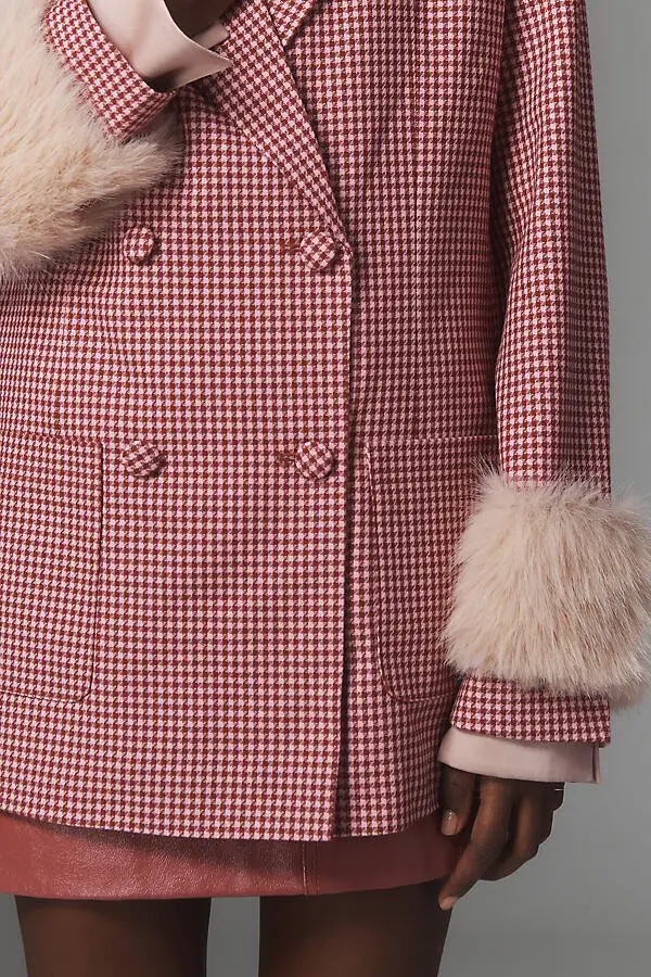Maeve Houndstooth Blazer With Faux Fur Cuffs