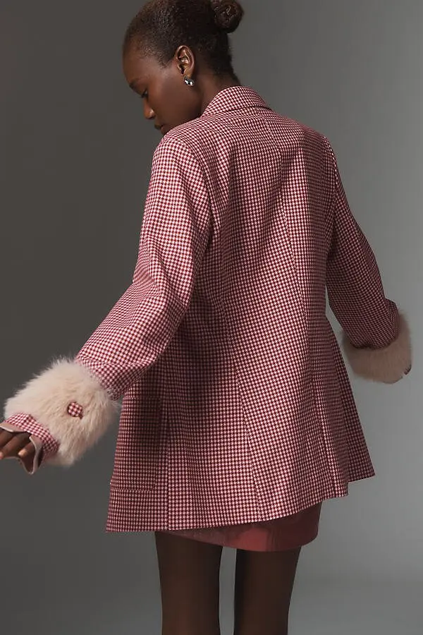 Maeve Houndstooth Blazer With Faux Fur Cuffs