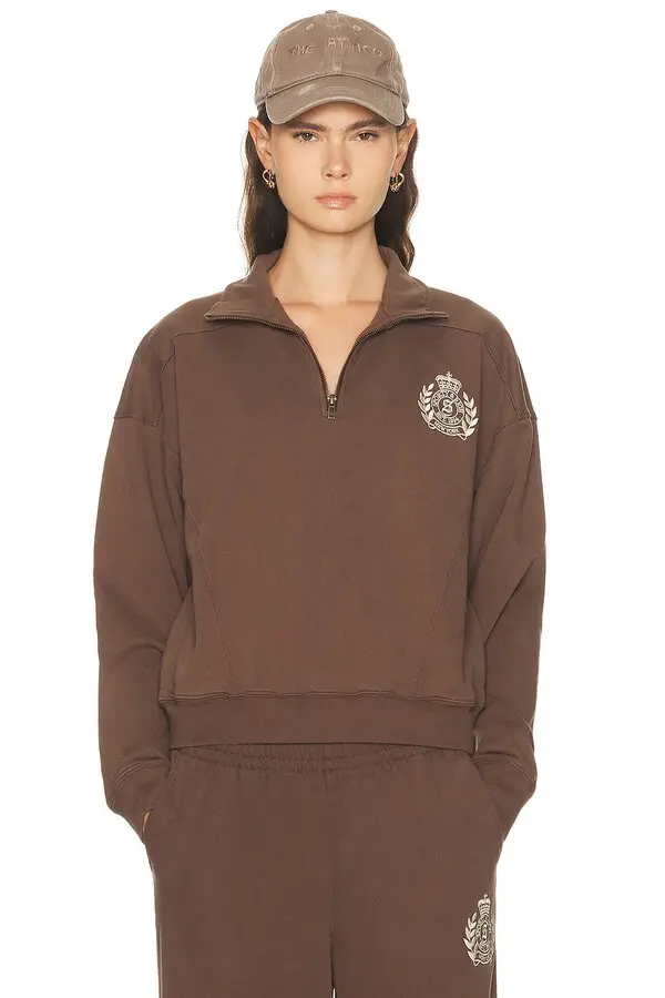 SPORTY & RICH Ny Crest Embroidered Quarter Zip Sweatshirt - Chocolate
