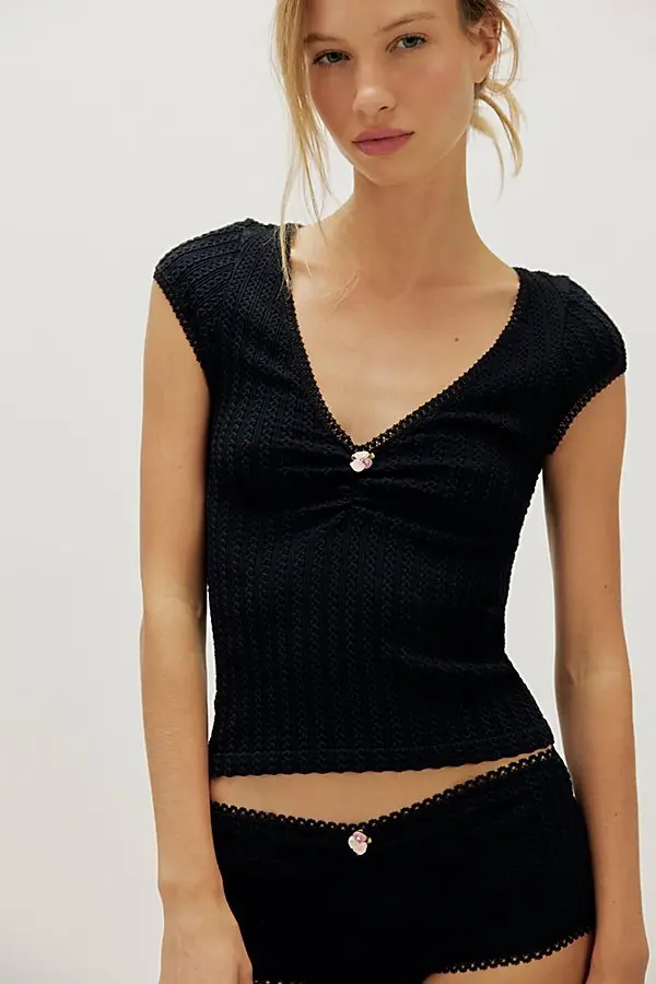 Free People Ella Cable Knit Seamless Tee - Black